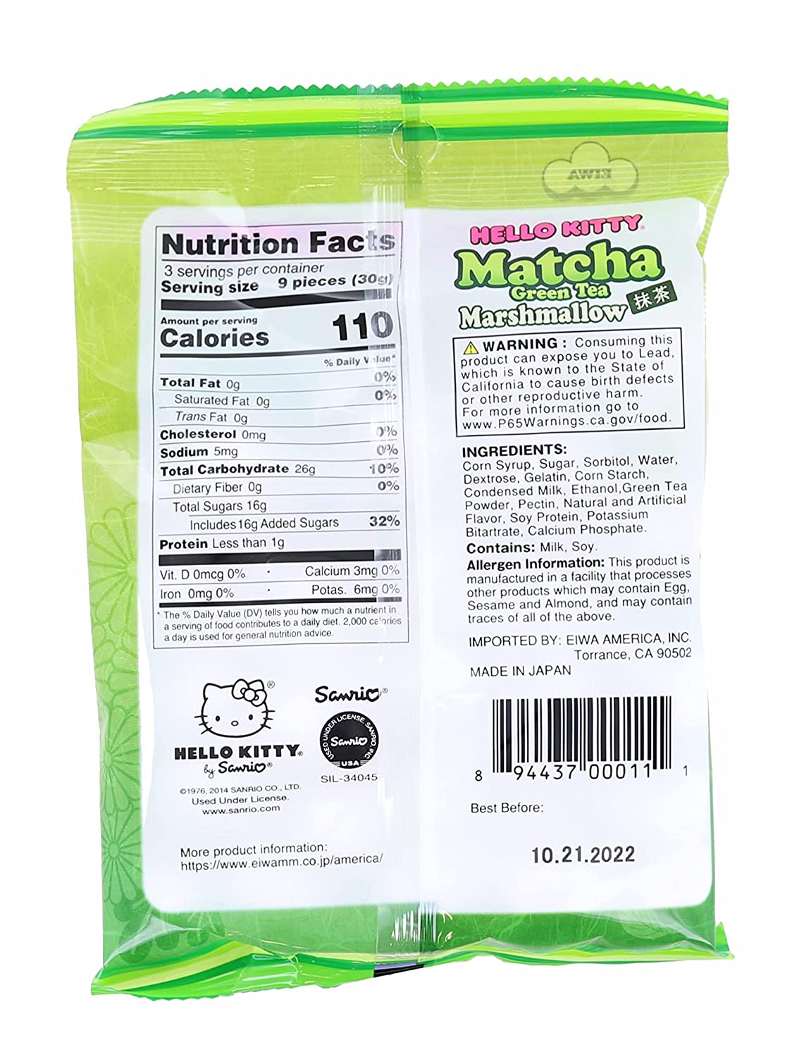 Hello Kitty Matcha Green Tea Marshmallow 2.8Oz (80g)